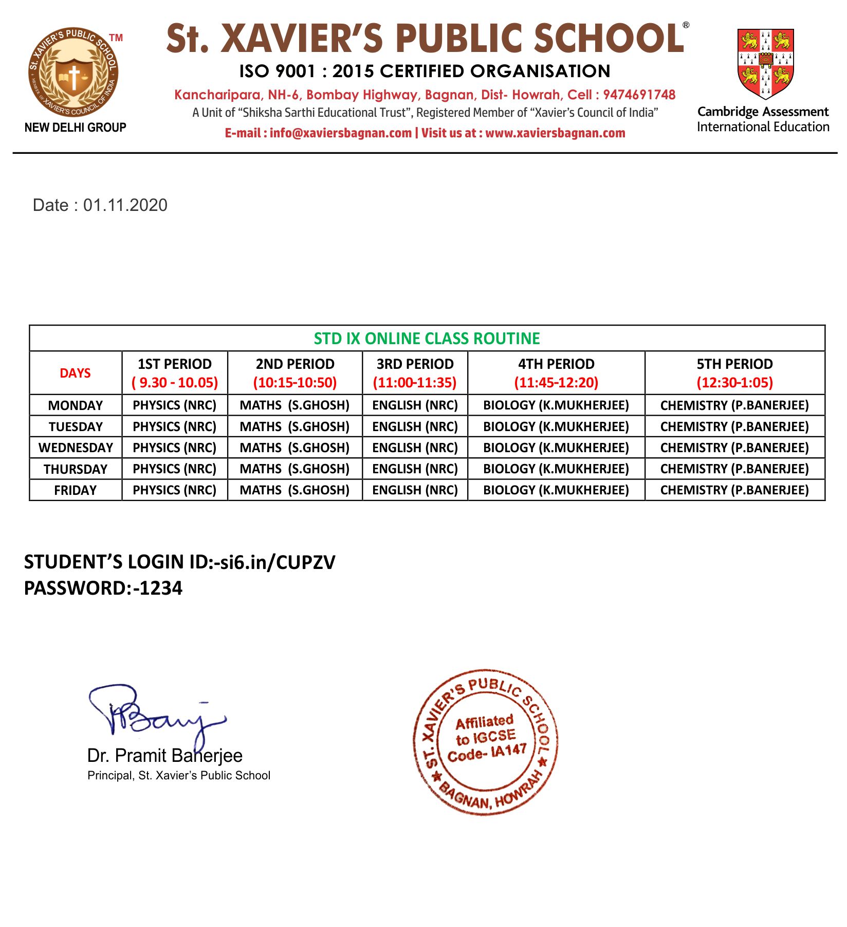 ONLINE CLASS ROUTINE (F.A.-2) 02.11.2020 – St. Xavier's Public School ...